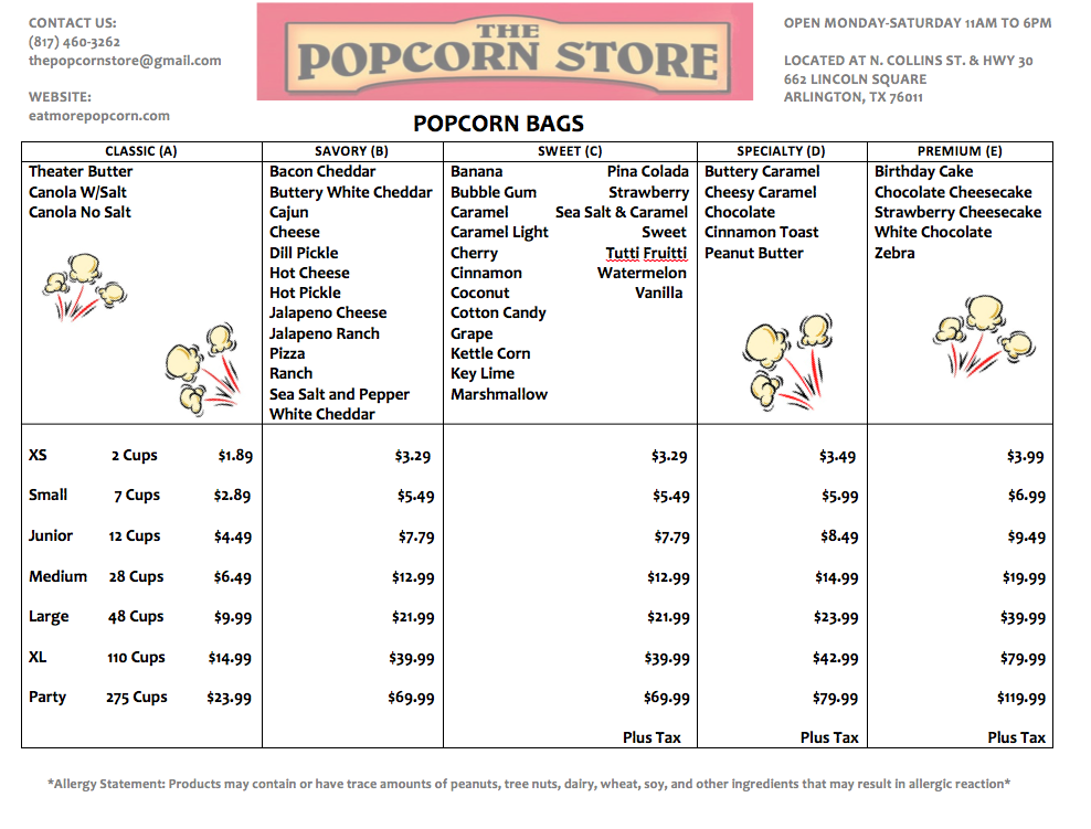 Price Sheet – The Popcorn Store